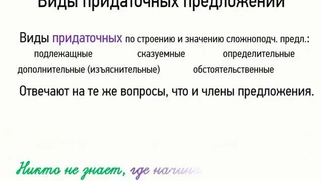 Виды придаточных предложений 9 класс видеоурок презентация