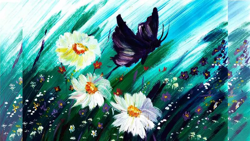 Как нарисовать лето Рисуем пейзаж гуашью Рисуем бабочку и полевые цветы Правополушарное