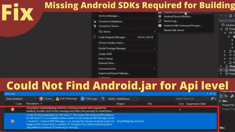 The Project App.Android missing Android SDKs required for Building | Could not find Android.jar ...