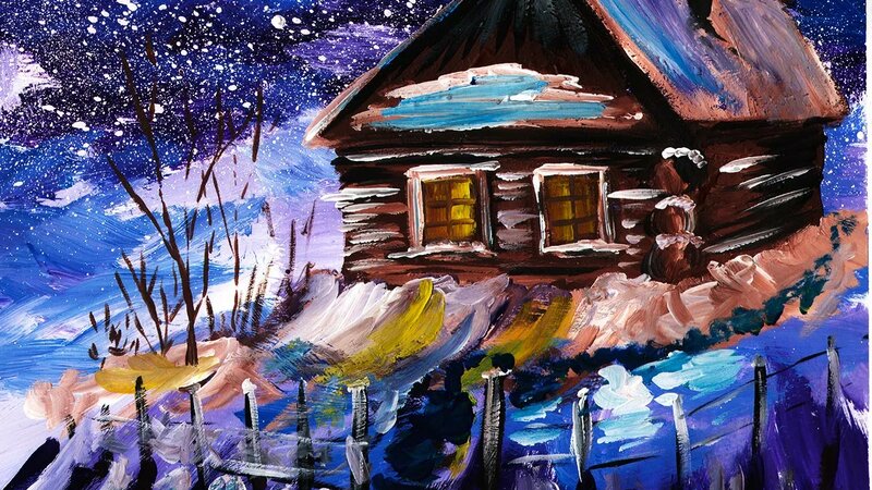 Как нарисовать деревенский домик зимой Зимний пейзаж красками Зима в