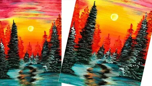 Как нарисовать зимний пейзаж гуашью Рисуем зиму в лесу Нарисуем закат в лесу Смотреть