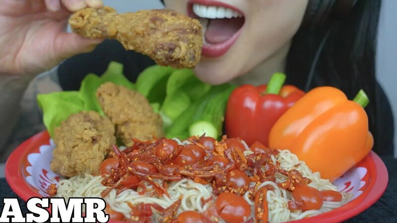 Asmr fried chicken + thai style spicy noodles + fresh veggies (eating sounds) no talking | sas ...