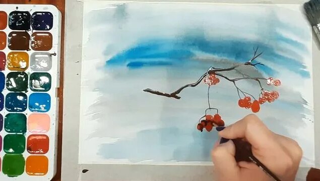 Как нарисовать веточку рябины зимой акварельными красками Мастер класс рябина в снегу