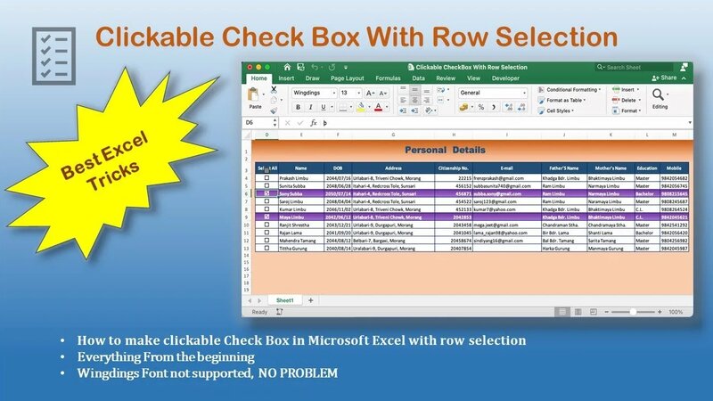 How To Make Clickable Check Box With Row Selection In Microsoft Excel | Excel VBA | Excel Tricks ...