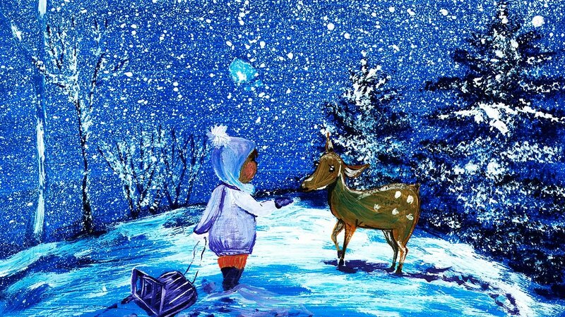 Нарисуем зимнюю сказку Как нарисовать зимний пейзаж Рисуем девочку с оленем Зима гуашью