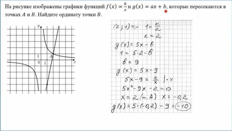 На рисунке изображены графики функций f(x)=k\x и g(x)=ax+b, которые пересекаются в точках А и В ...