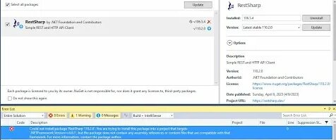 vs2015 package install .NETFramework, Version=v4.5', but the package does not contain any ...