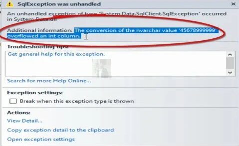 VB.net: Three ways to Fix error 'The conversion of the nvarchar value overflowed an int ...