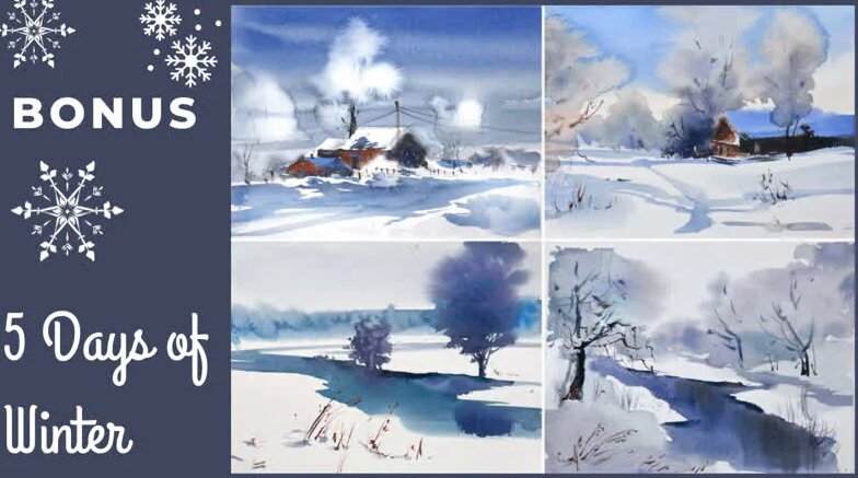 Как нарисовать легкий зимний пейзаж акварелью за 5 минут Бонус 5 дней зимнего марафона