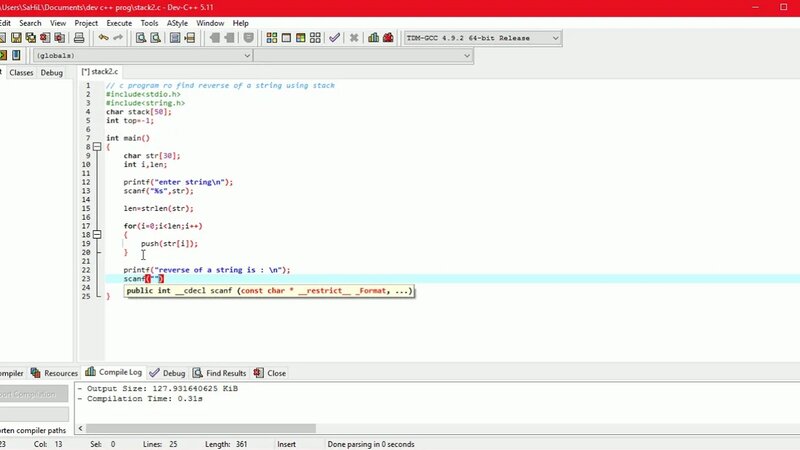 Reverse a string using stack in c (static implementation of stack) | Data Structure LAB ...