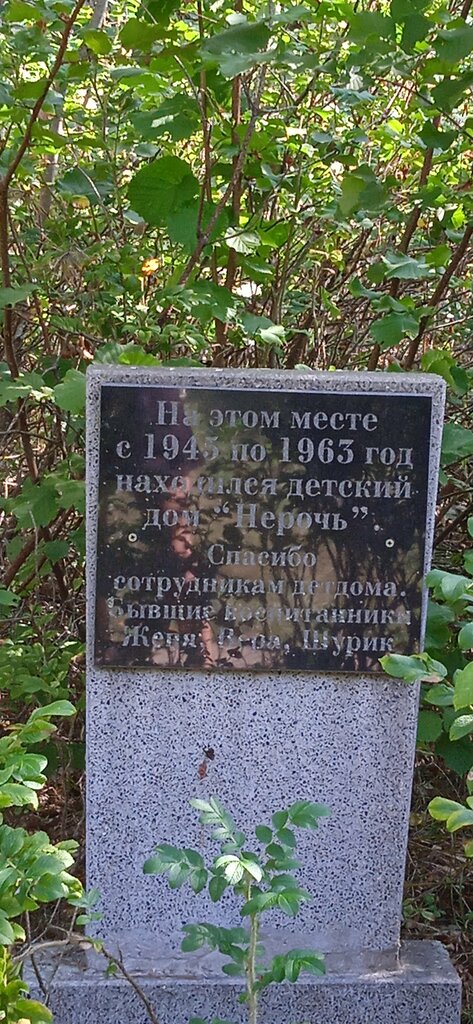 Anıt levhası, anıt taş Сотрудникам детского дома Нерочь, Brestskaya oblastı, foto