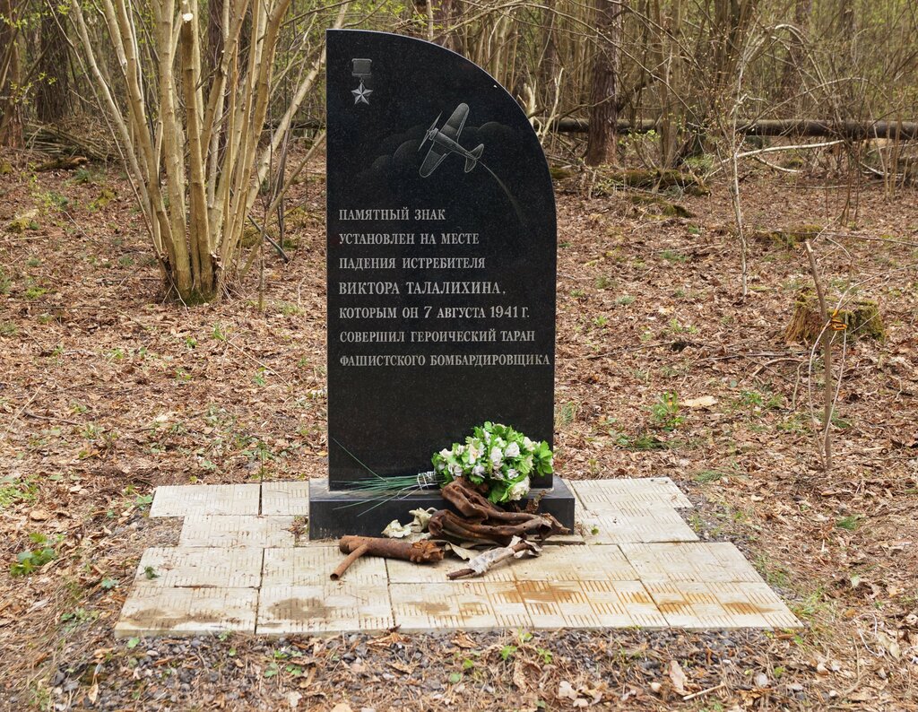 Anıt levhası, anıt taş The crash site of the Victor Talalikhin fighter jet, Moskova ve Moskovskaya oblastı, foto