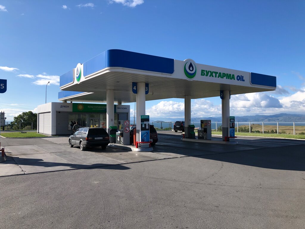 Benzin istasyonu Bukhtarma Oil, Doğu Kazakistan eyaleti, foto