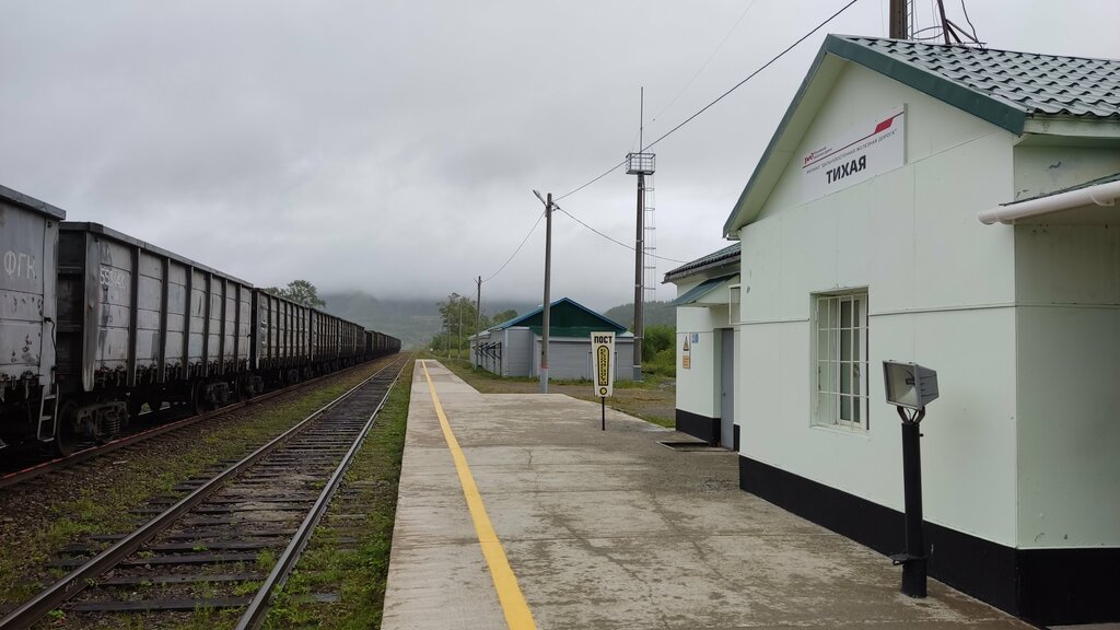 Tren istasyonu Tikhaya Station, Sahalin Bölgesi, foto