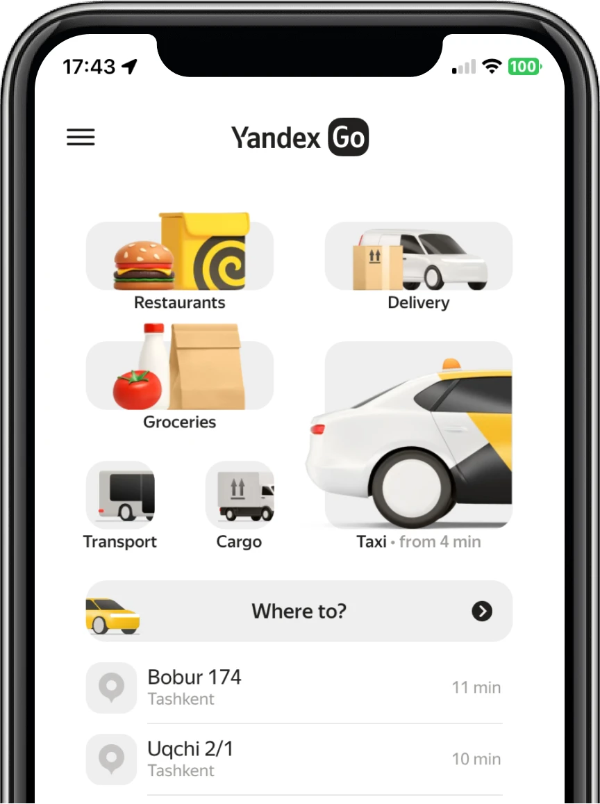Yandex Go — request rides and order item delivery in Uzbekistan.