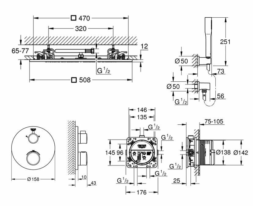 Душевая система с потолочным тропическим душем Grohe Grohtherm ...