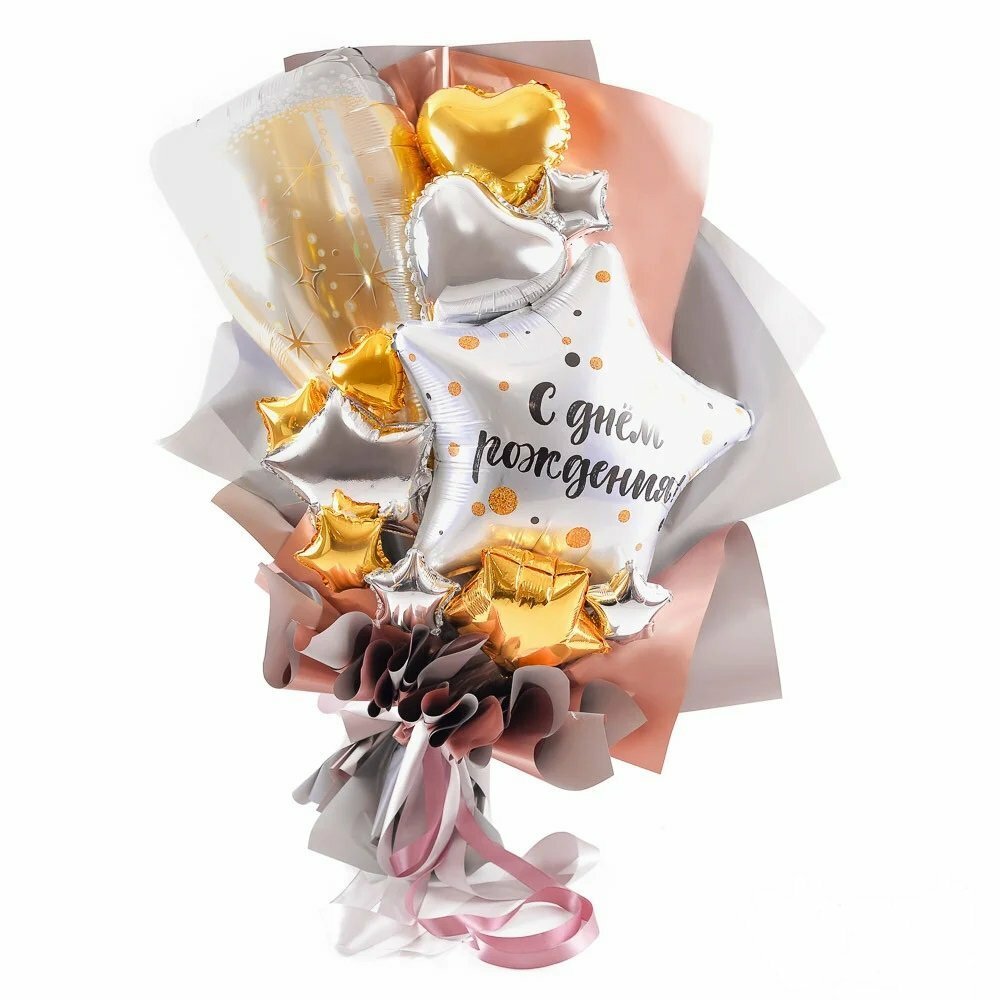 Букет из мини-шаров с бокалом шампанского