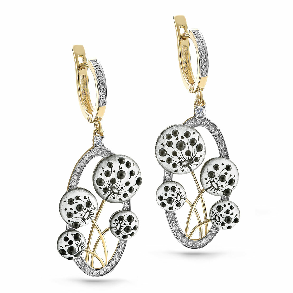 Серьги, желтое золото, 585 проба, бриллиант, финифть