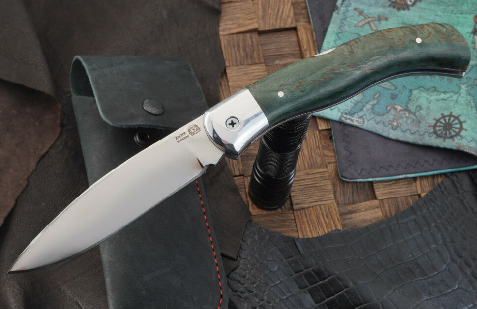 Брутальный складной нож Сковородихин Северный-А, сталь Х12МФ, рукоять тонированная карельская береза