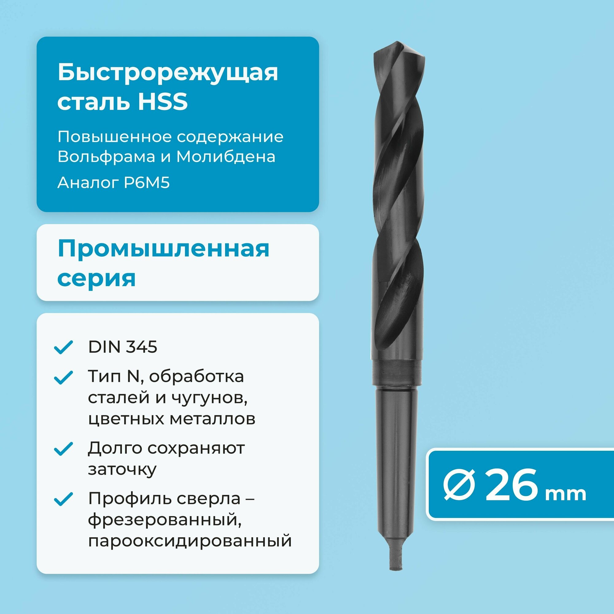 Сверло по металлу 26 мм NORGAU Industrial спиральное HSS фрезерованное с хвостовиком-конус Морзе, правое, DIN 345