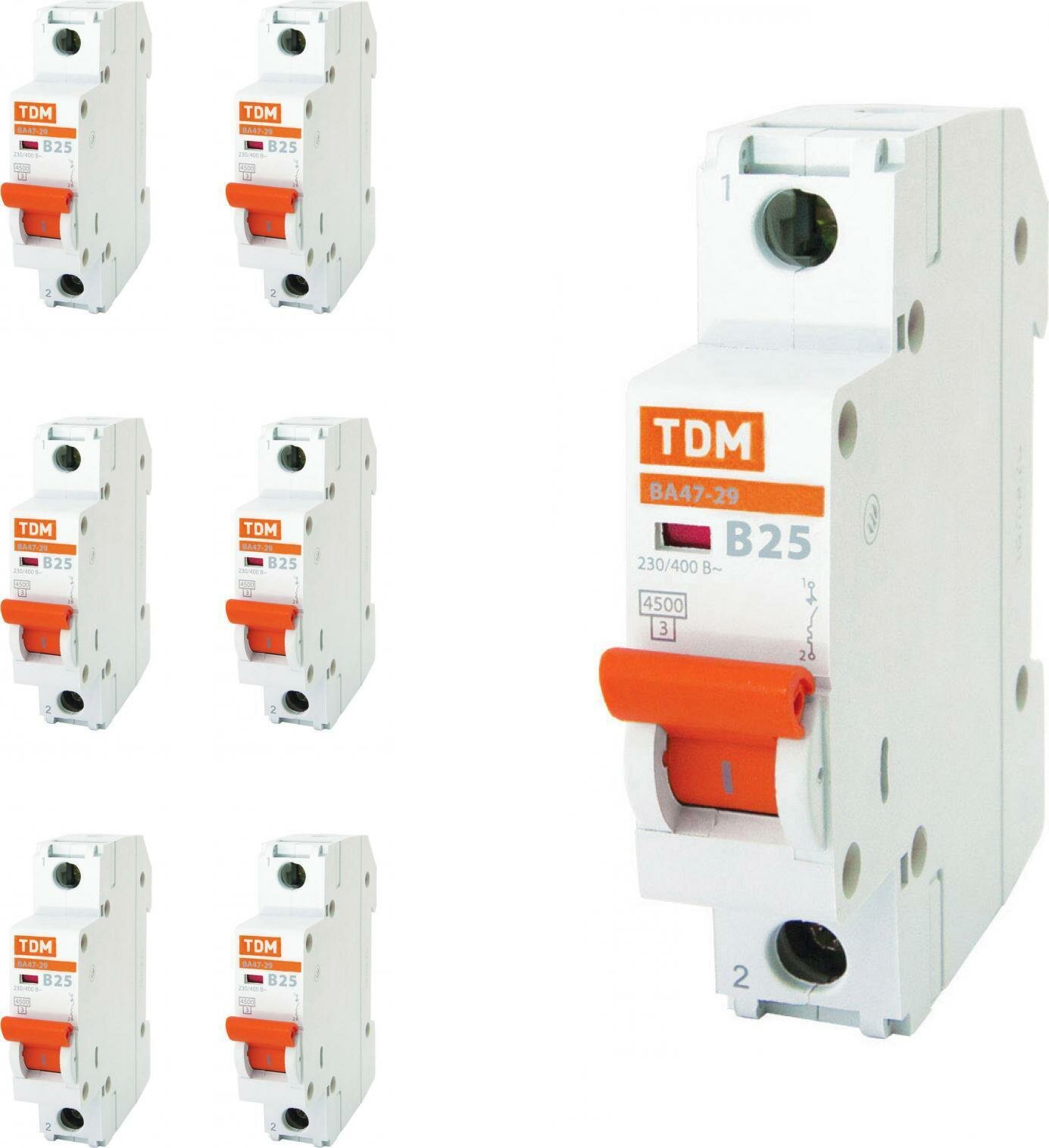 Автоматический выключатель TDM ВА47-29 1P 25А характеристика B (комплект из 6 шт)
