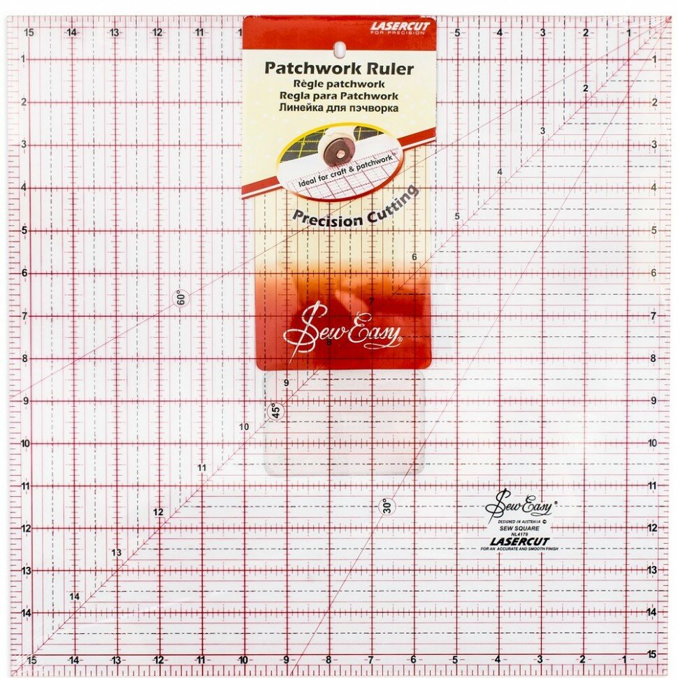 Hemline NL4179 Линейка для пэчворка с градицей в дюймах, квадрат 15 1/2"