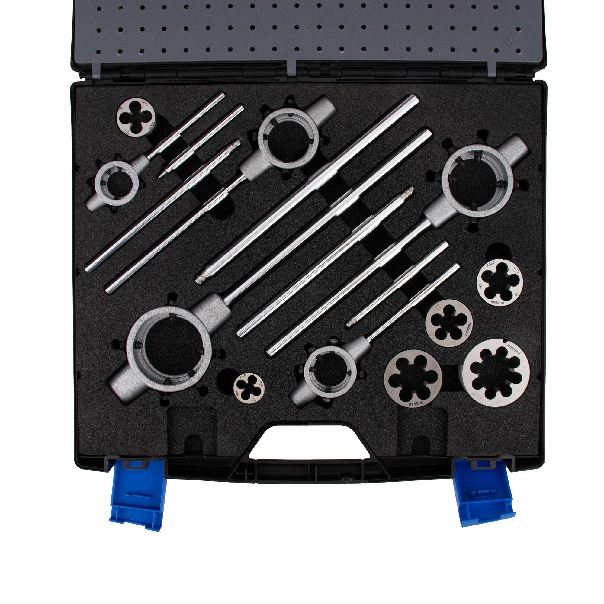 Набор метчиков и плашек NORGAU Industrial ручных из быстрорежущей стали HSS, UNC 1/4-1, 46 предметов в кейсе