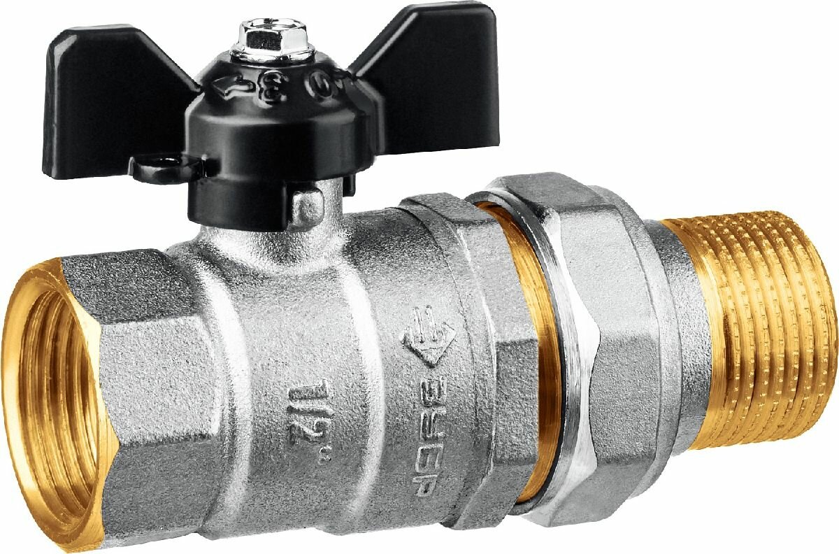 Кран шаровой ЗУБР полнопроходной с накидной гайкой "мама-папа", бабочка, никелированная латунь, 1/2" (51321-1/2)