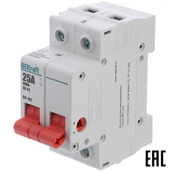 Выключатель-разъединитель ВН102-2Р-025А 17023DEK 25А 2 полюса на DIN-рейку DEKraft