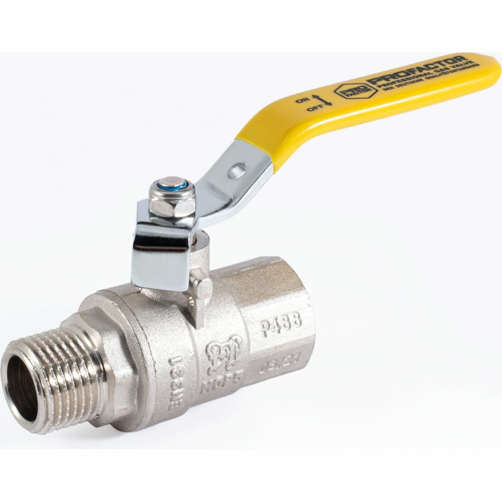Шаровой кран для газа PROFACTOR PF GAS ручка рычаг, в/н 1/2 дюйма, латунный корпус, никелированное покрытие, неразборный