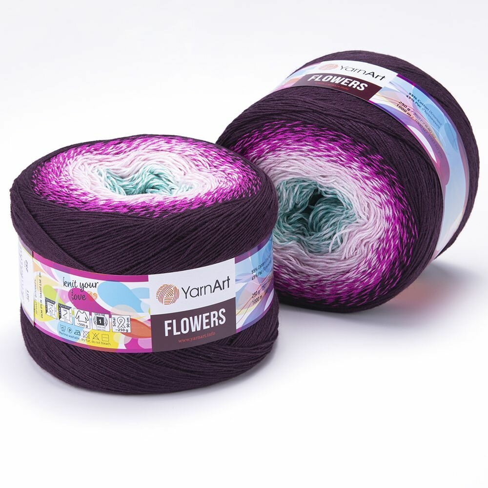 Пряжа Flowers (YarnArt), баклажан/мальва/изумруд - 301, 55% хлопок, 45% полиакрил, 2 мотка, 250 г, 1000 м.