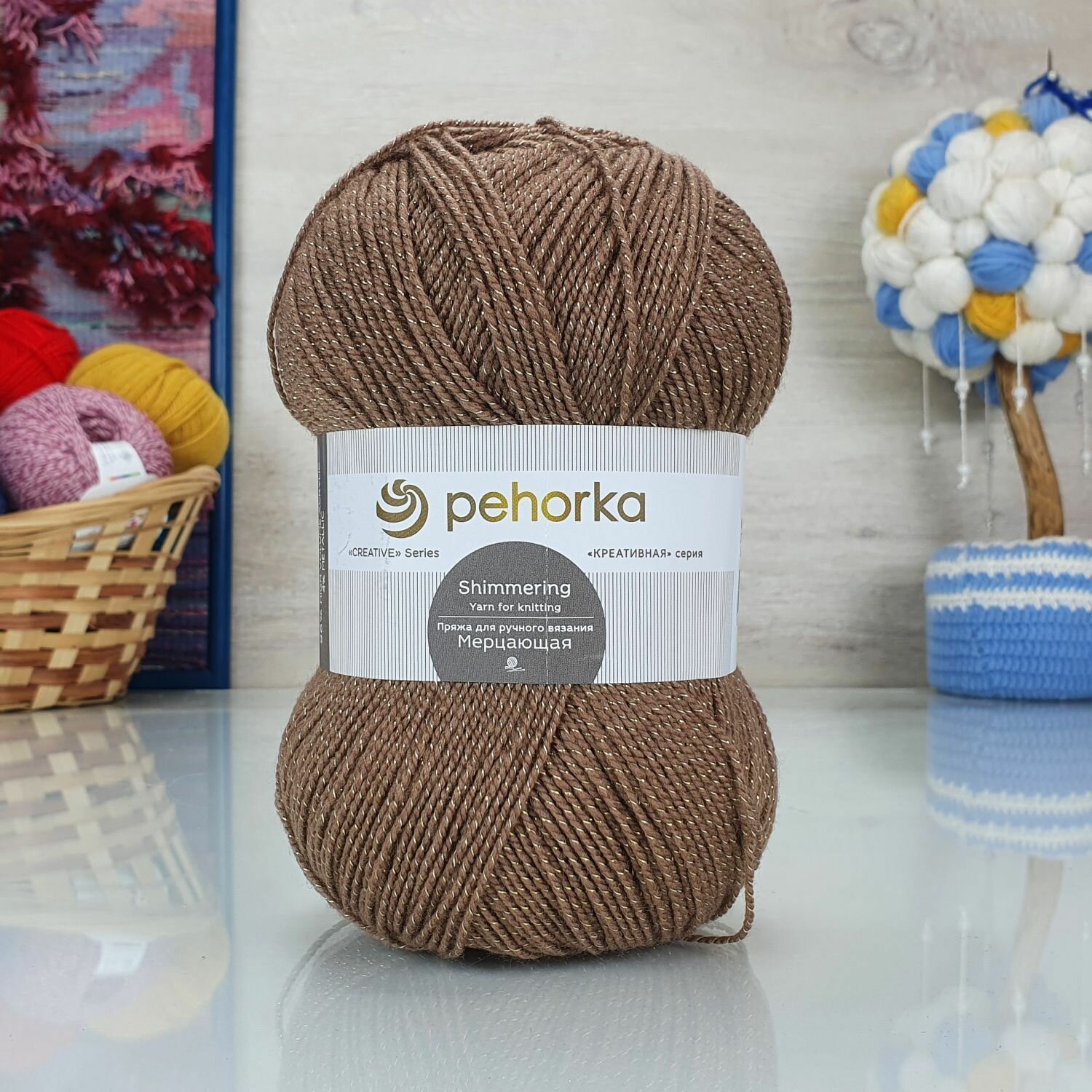 Пряжа Мерцающая (Пехорка), кофейный - 377, 96% акрил высокообъёмный, 4% метанит, 5 мотков, 100 г, 430 м.