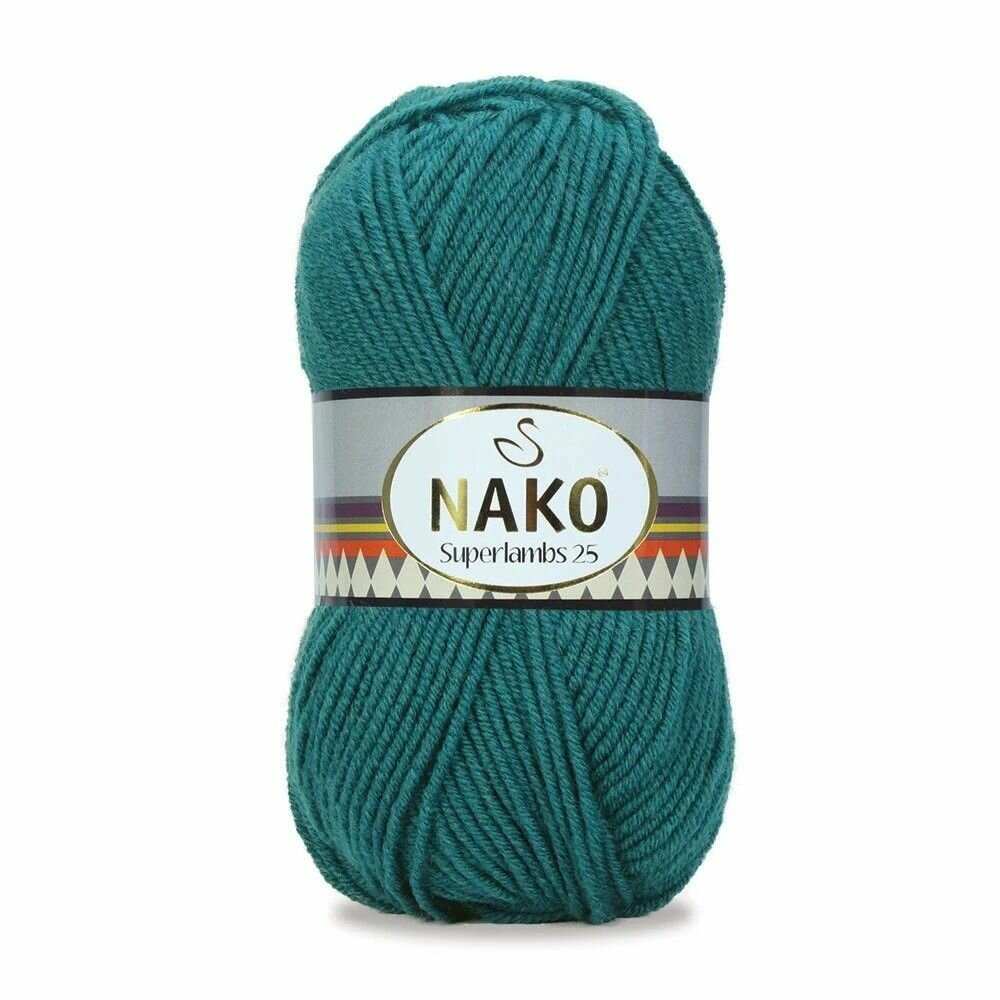 Пряжа NAKO Superlambs 25, тем. изумрудный - 10100, 25% шерсть, 75% премиум акрил, 5 мотков, 100 г, 200 м.