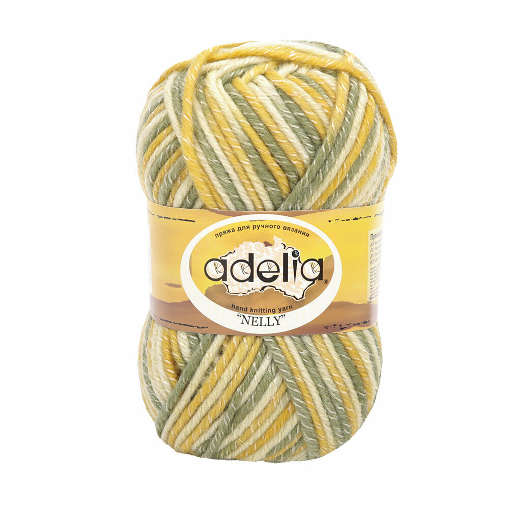 Пряжа ADELIA "NELLY" 70% шерсть, 30% акрил 5 шт. х 100 г 100 м +- 5 м №24 св. хаки-св. горчичный