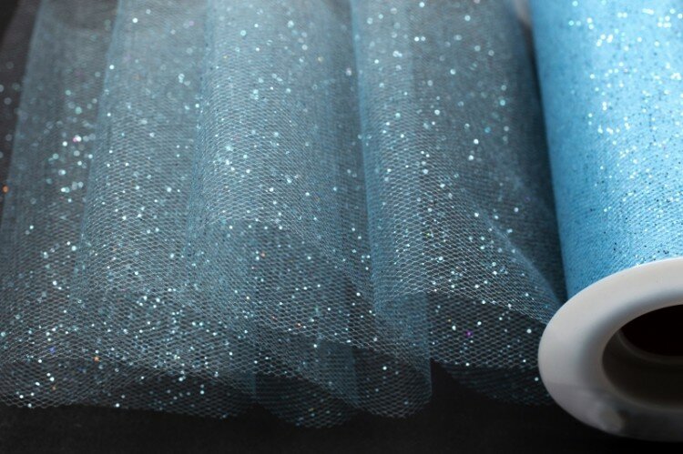 Фатин с глиттером средней жесткости, цвет голубой, ширина 14,5см, 100% полиэстер, 1035-027, 1 метр