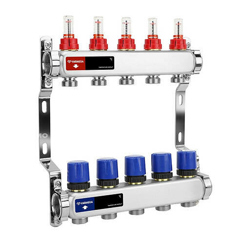 Коллекторная группа для теплого пола Varmega VM151 - 1" на 10 контуров 3/4" EK (нержавеющая сталь)