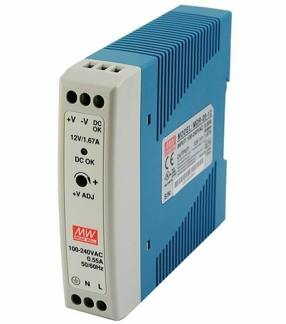 Блок питания на DIN рейку 12в, 1.67а, 22.5*90*100мм, Mean Well MDR-20-12