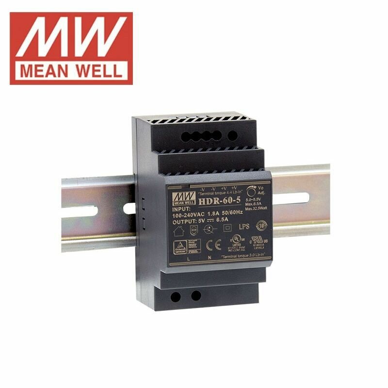Блок питания на DIN рейку 5в, 6.5а, 52.5*90*54.5мм, Mean Well HDR-60-5