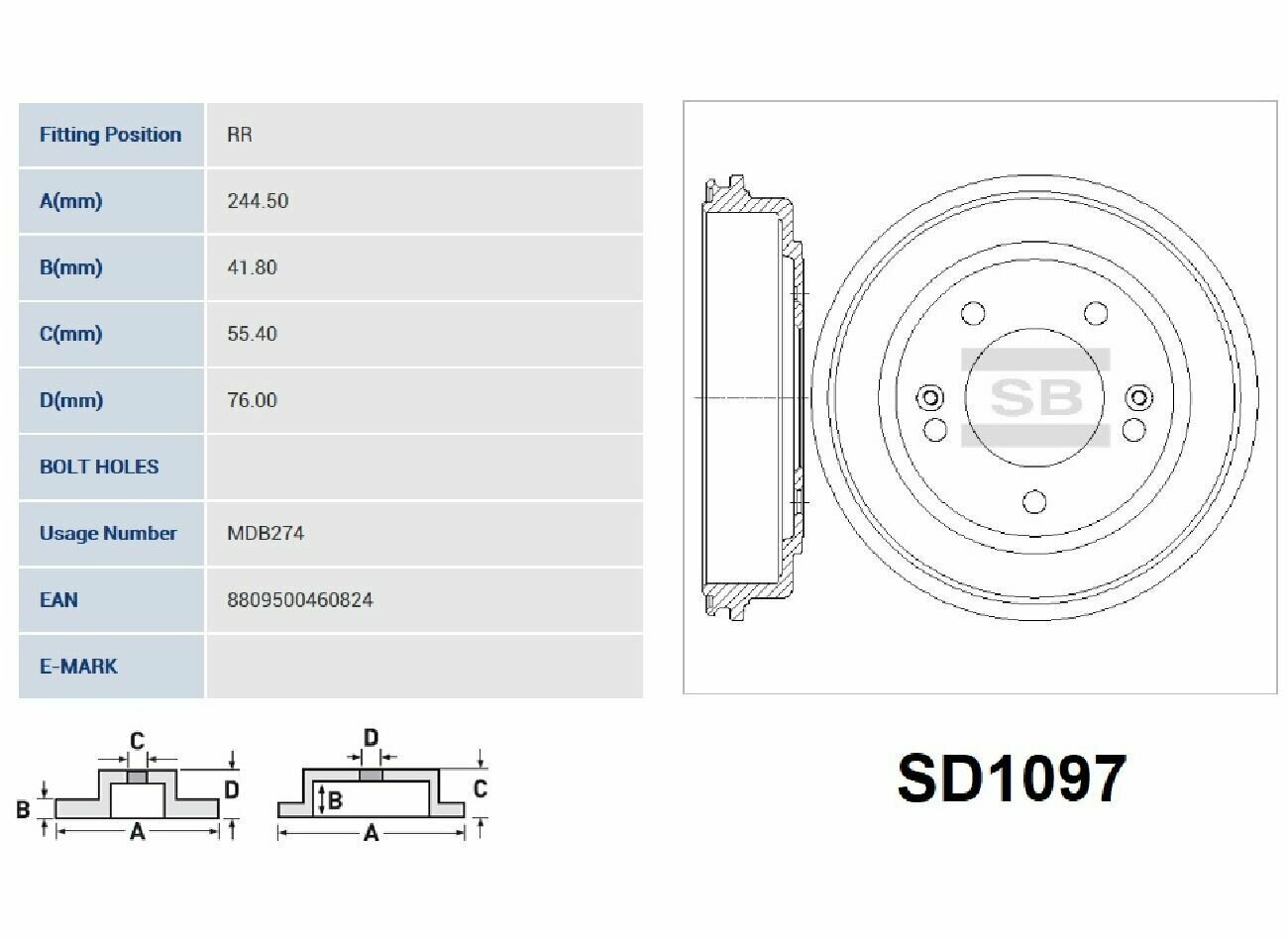 Барабан тормозной Серия: HI-Q HYUNDAI ATOS (MX), ELANTRA (HD), KIA CERATO (TD), CERATO KOUP (TD), SOU, SANGSIN SD1097