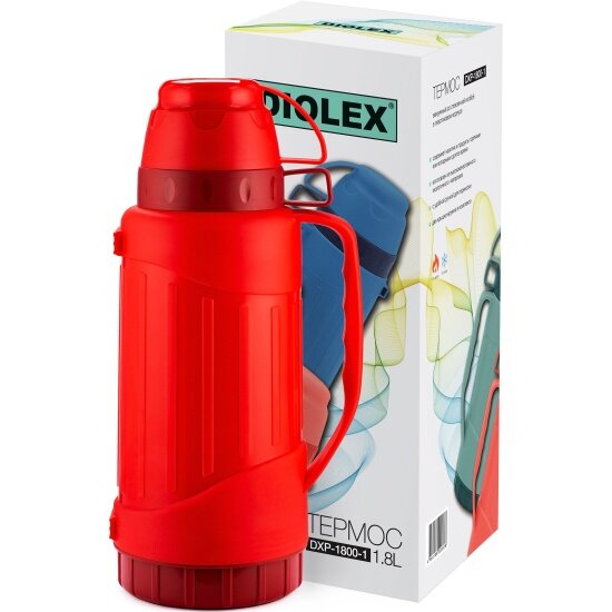 Термос пластиковый со стеклянной колбой Diolex 1800 мл DXP-1800-R, красный