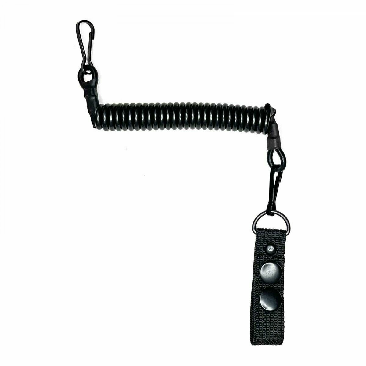 Пружина страховочная черная на карабине с текстильным тренчиком на кнопке