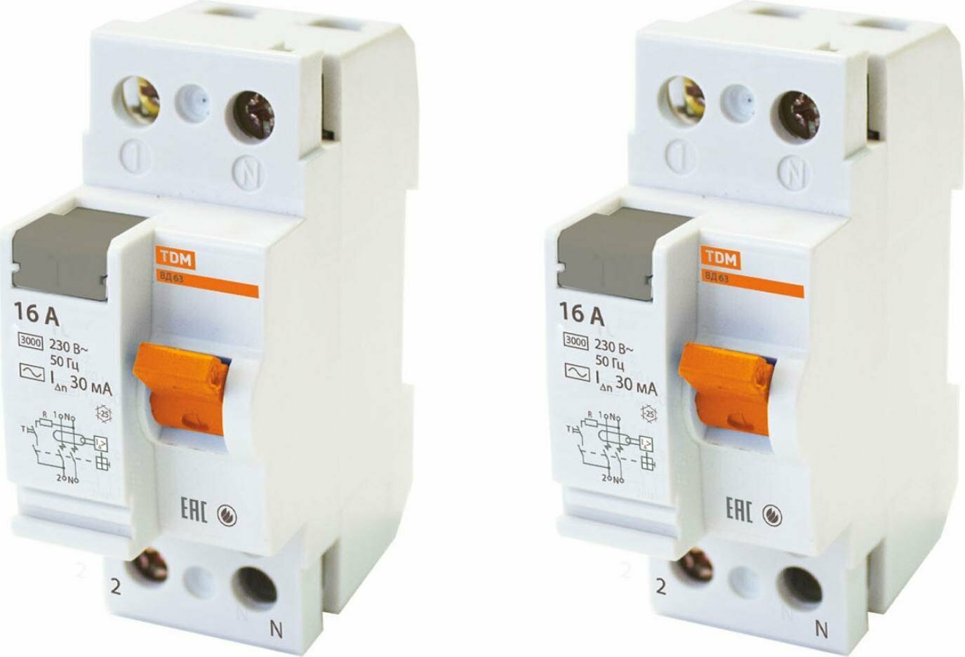 УЗО TDM ВД-63 2P 16А 30мА класс AC (комплект из 2 шт)