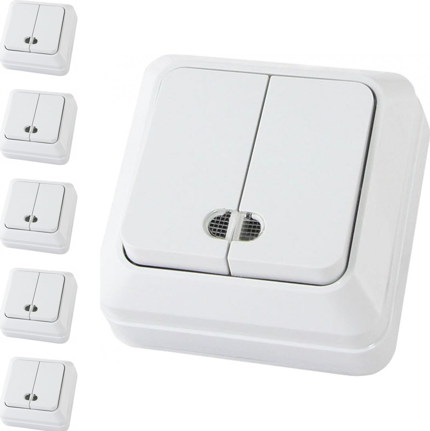 Выключатель двухклавишный с подсветкой TDM Ладога для открытой проводки белый (комплект из 5 шт.)