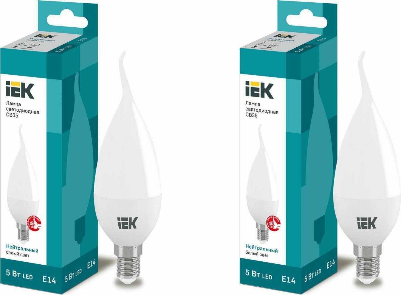 Светодиодная лампа IEK 5W эквивалент 40W 4000K 450Лм E14 свеча на ветру (комплект из 2 шт)
