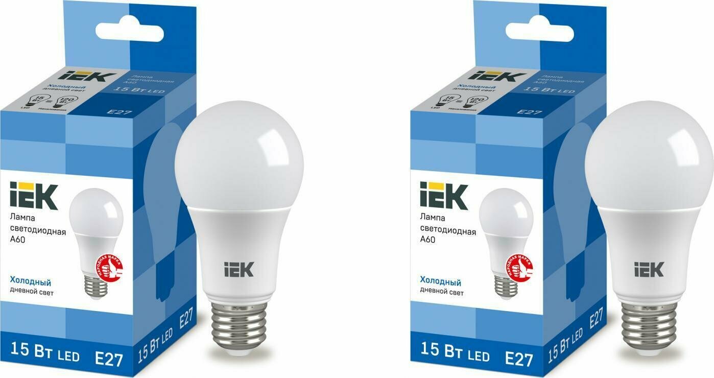 Светодиодная лампа IEK ECO 15W эквивалент 120W 6500K 1350Лм E27 груша (комплект из 2 шт)