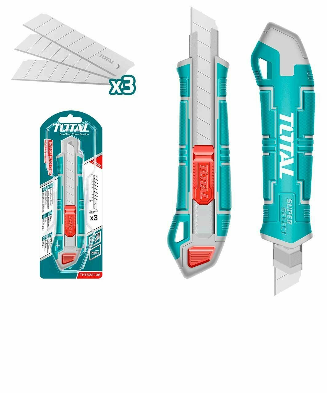 Нож строительно-канцелярский Total THT522136 с тремя лезвиями в комплекте 18x100мм