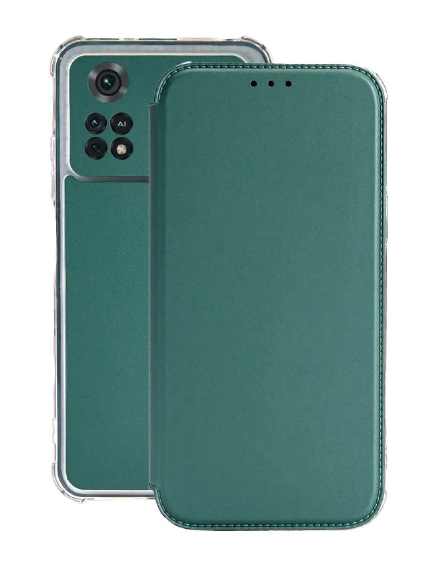 Чехол-книжка на Poco M4 Pro 4G с противоударным бампером с усиленными углами Темно-зеленый