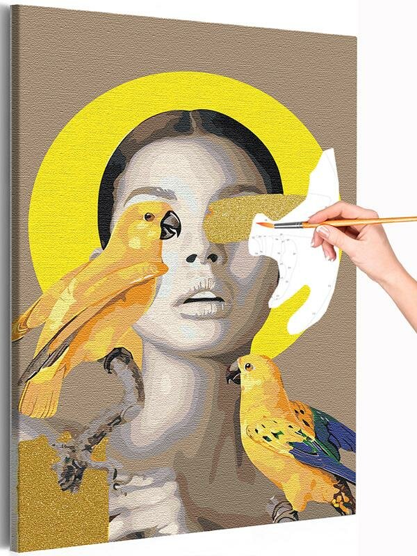Девушка, попугаи и луна / Абстракция Раскраска картина по номерам на холсте с металлической краской 40х60