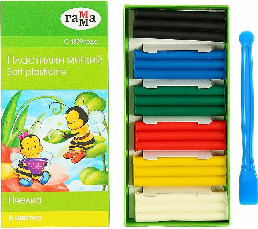 106205 Пластилин Гамма Пчелка, 6 цветов, восковой, 73 г со стеком
