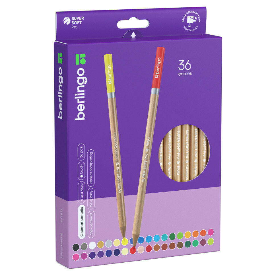 Карандаши цветные Berlingo "SuperSoft. Pro" 36цв, круглые, заточен, картон, европодвес, 352458